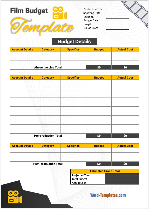 Film Budget Templates - Free Word Templates